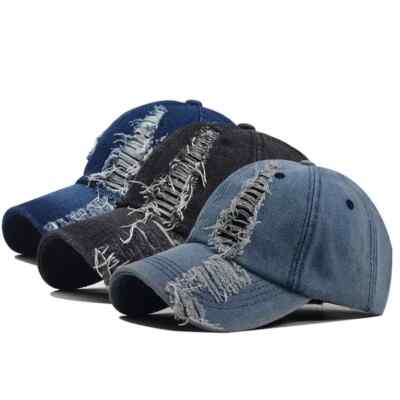 Distressed Denim Baseball Cap Ripped Hat For Women, Men Solid, Blue ...