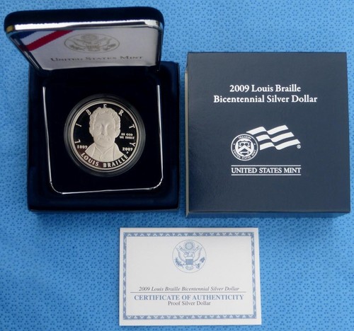 2009 P Proof Louis Braille Commemorative Silver Dollar, USA $1 Coin ...