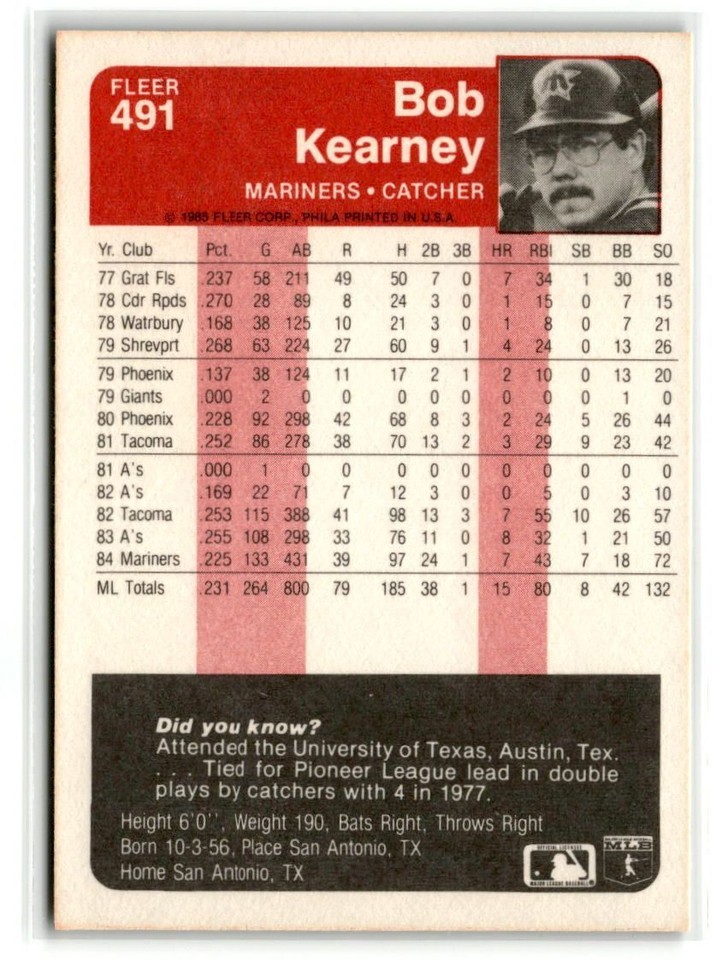 1985 Fleer #491 Bob Kearney Seattle Mariners - VG Discolored | eBay