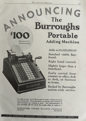 1927 Burroughs Portable Adding Machine Detroit Mi Right Hand Vintage ...