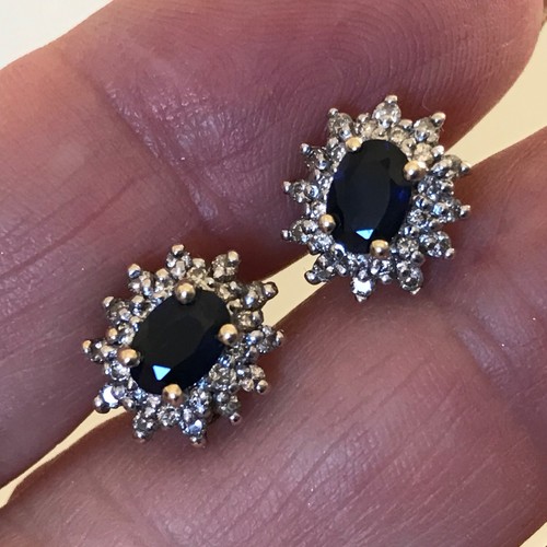 14k diamond sapphire earrings studs double halo yellow gold 3.2g blue ...