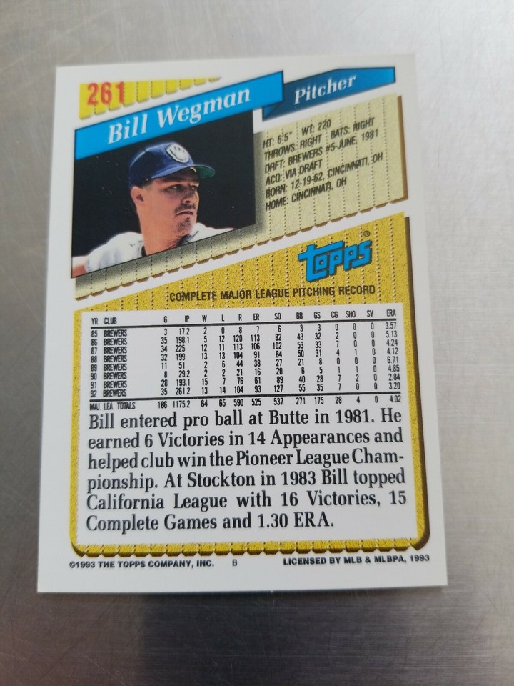 1993 TOPPS GOLD BASEBALL CARD BILL WEGMAN #261 SINGLE | eBay