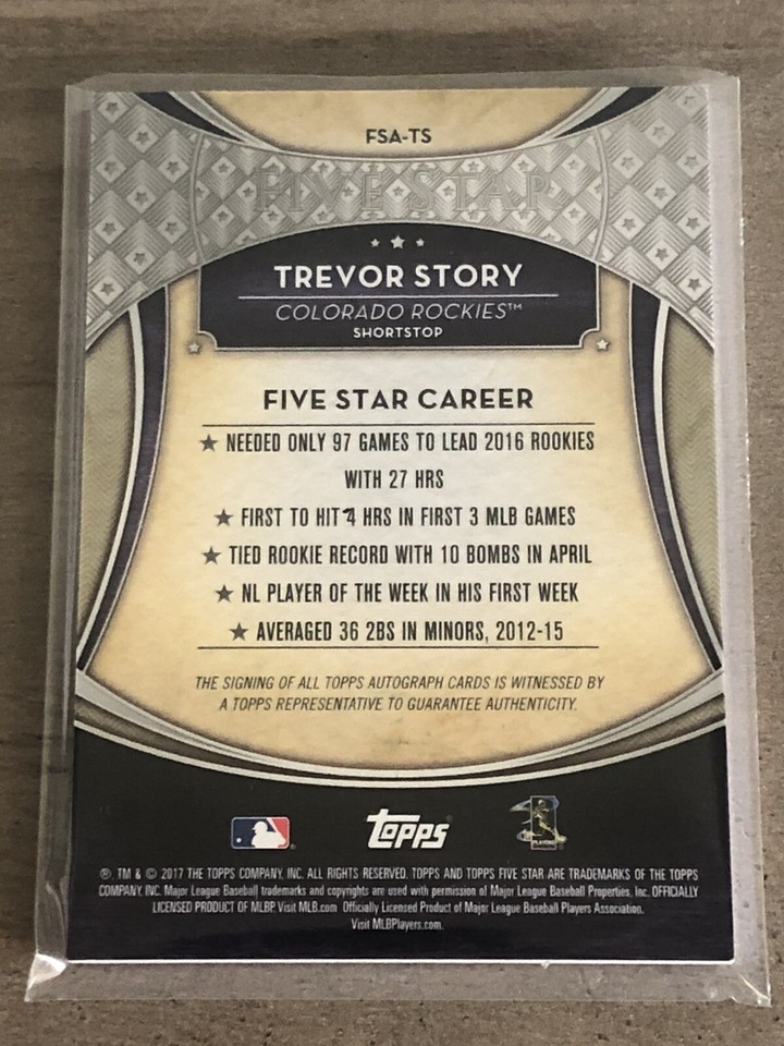 Trevor Story 2017 Topps Five Star Certified AUTOGRAPH Card. Colorado ...