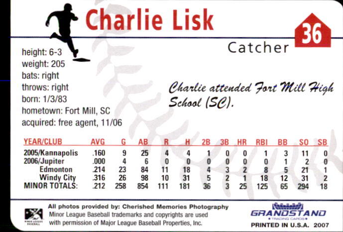 2007 Lake Elsinore Storm Grandstand #28 Charlie Lisk Fort Mill South ...