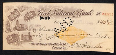 FNB Urbana, IL $40 1901 Bank Check Revenue Stamp w/ University Bldg ...
