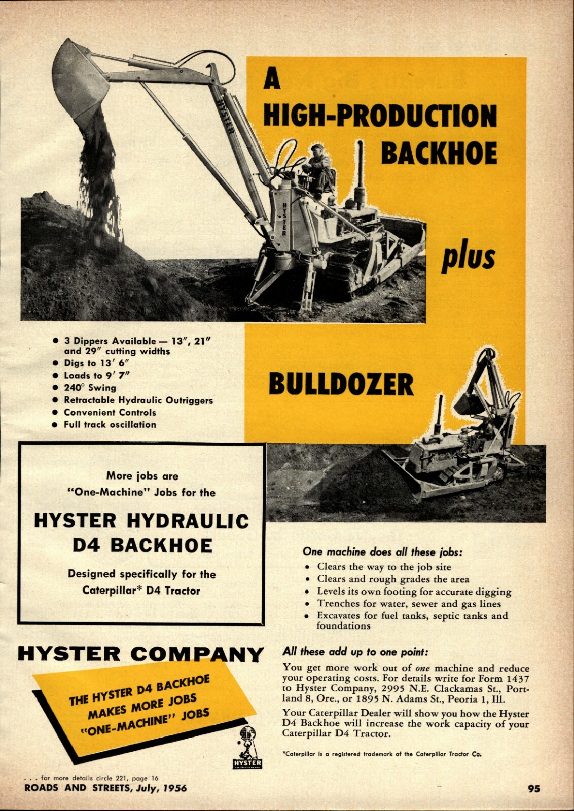 1956 Hyster Co. Print Advertisement: Caterpillar D4 w Hyster Backhoe ...