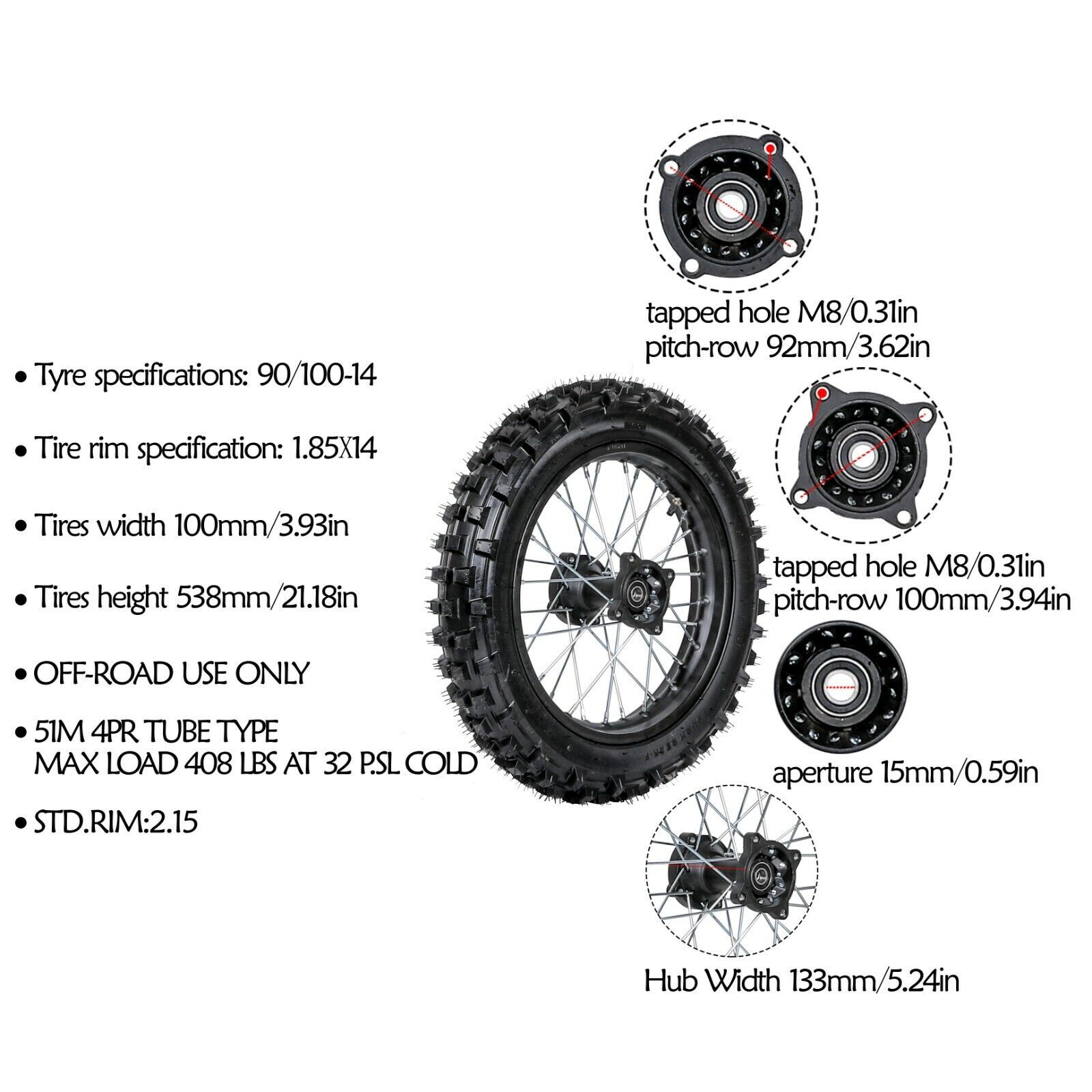 14" Rear 90/100-14 Tyre Rim Wheel Thumpstar Atomik Dirt Bike 125/140 ...