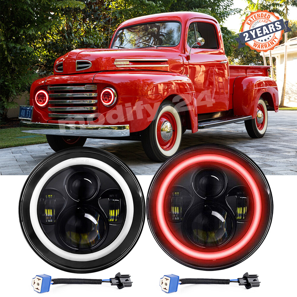 Fit Ford F1 1948-1952 Pair 7" Inch Round LED Headlights Red Halo DRL ...