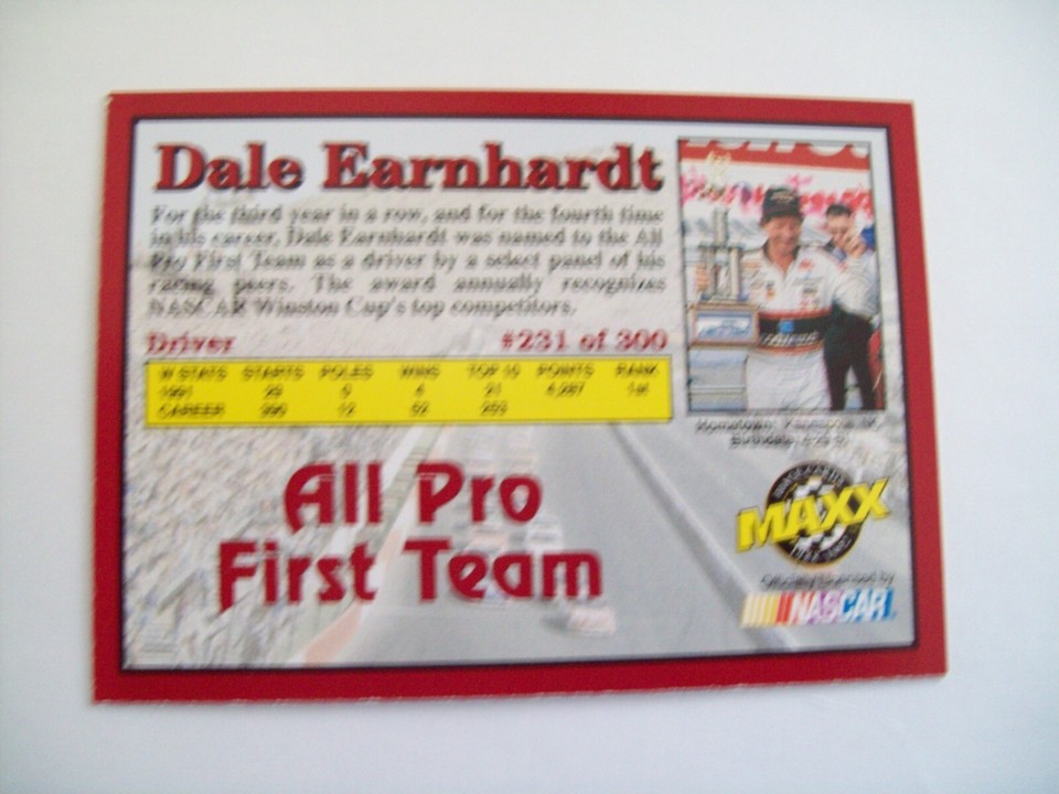 DALE EARNHARDT SR. 1992 RED MAXX CARD #231 of 300 ALL PRO FIRST TEAM ...