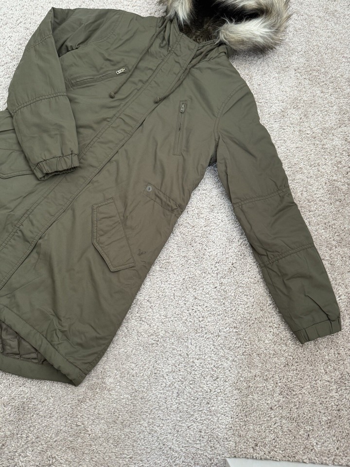 American Eagle Sherpa Lined Parka with Faux Fur Hood Womens Size S Army ...