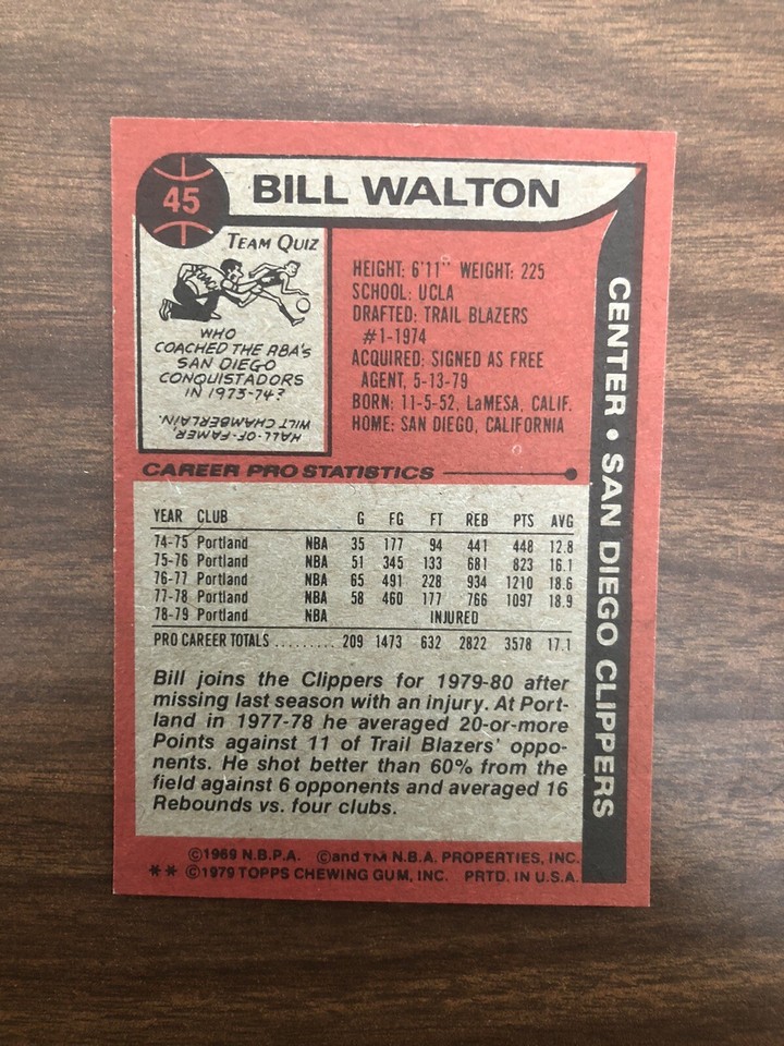 1979-80 TOPPS BILL WALTON SAN DIEGO CLIPPERS #45 HOF NICE | eBay