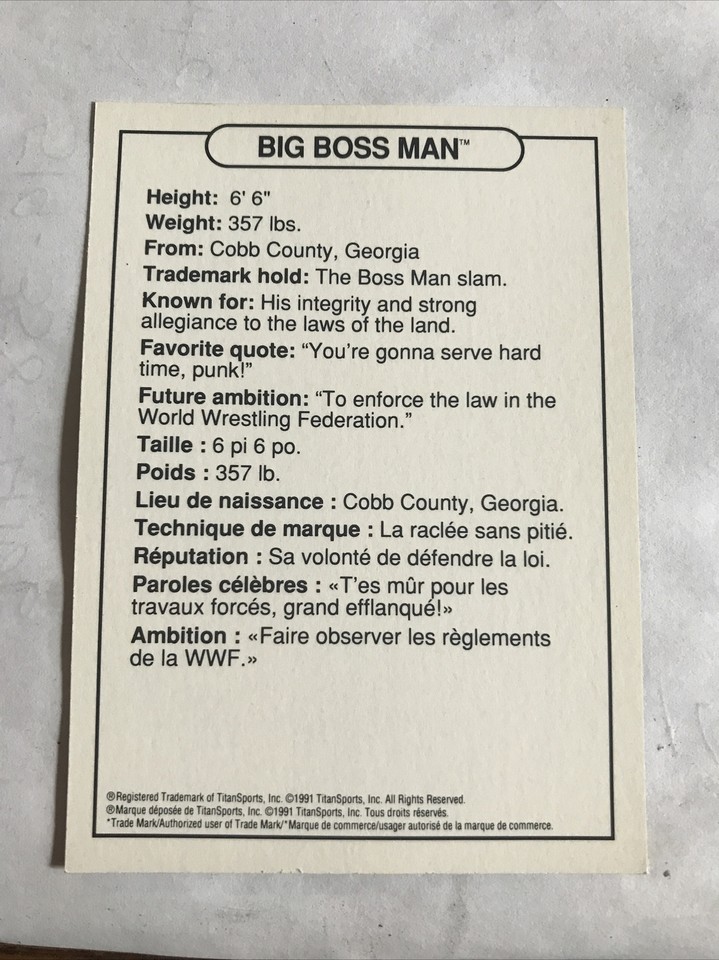 1991 Swanson Card WWF WWE - BIG BOSS MAN - RAY WASHINGTON TRAYLOR JR ...