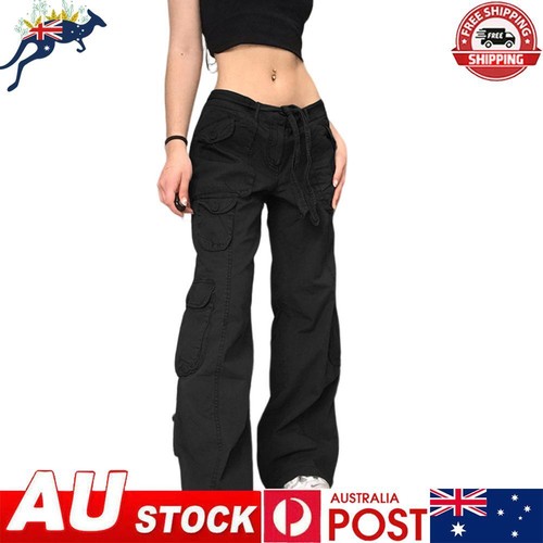 Fashion Women Loose Denim Cargo Pants Button Decor Retro Multi Pockets ...