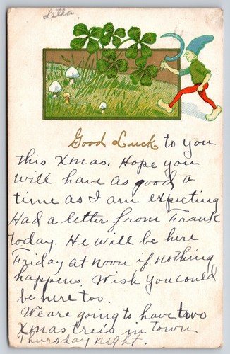 Fantasy~Good Luck~Clover & Mushrooms & Man W/ Hat & Sickle~PM 1908 ...