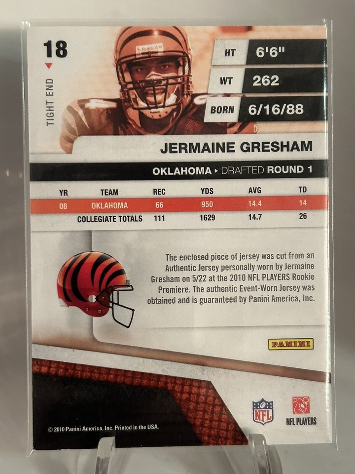 2010 Absolute JERMAINE GRESHAM Rookie Jersey Collection RC Cincinnati ...
