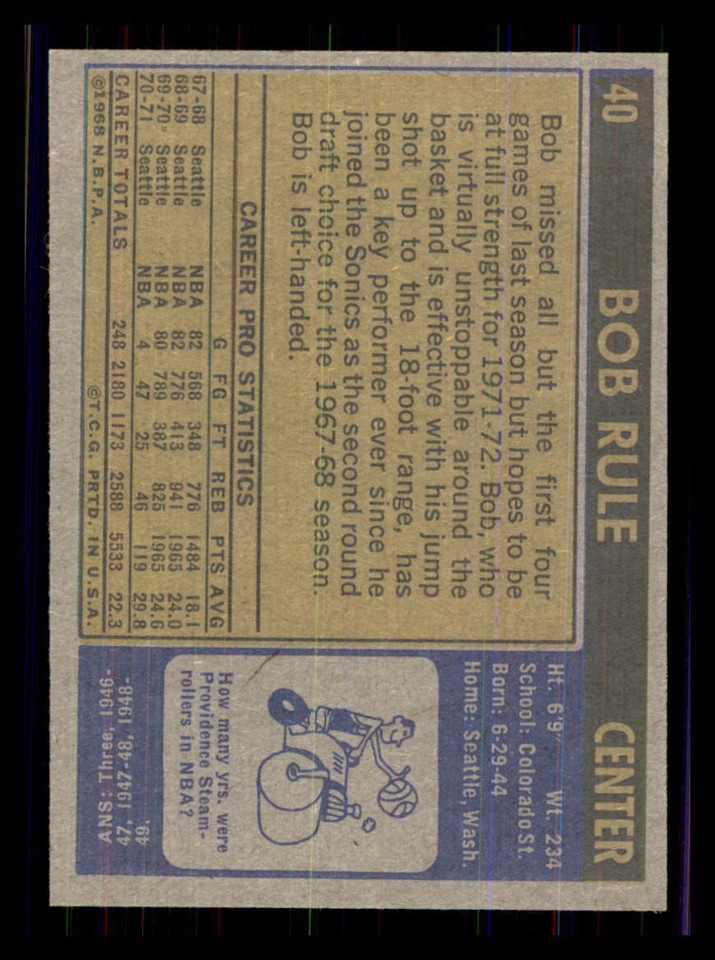1971 Basketball Topps Bob Rule Seattle SuperSonics #40 3 | eBay
