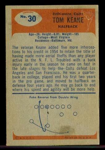 Vintage FOOTBALL Card 1955 BOWMAN #30 TOM KEANE Baltimore Colts ...
