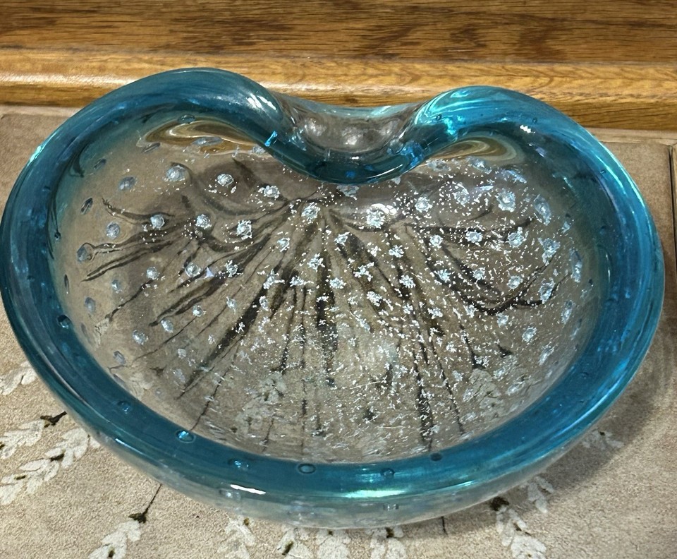 Murano Vintage Shell Art Glass Ashtray Aqua Blue Ashtray Bubbles Silver ...