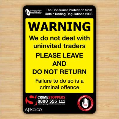 Trading Standards UNINVITED TRADERS Warning Sticker Crime Stoppers Door ...