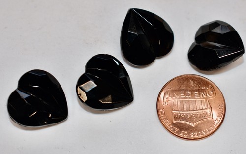 VINTAGE 4 GLASS BLACK HEART BUTTONS 16mm • FACETED GROOVED CZECH * SELF ...