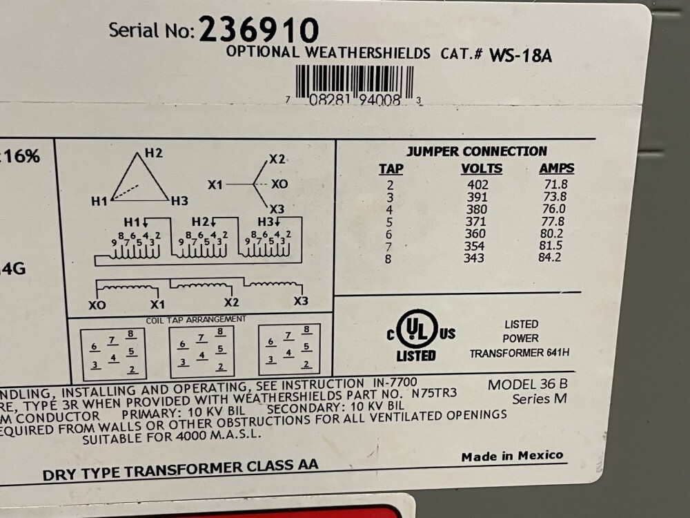 50.00 KVA Federal Pacific Dry Type Transformer 380-220Y/127 Volt 3 ...