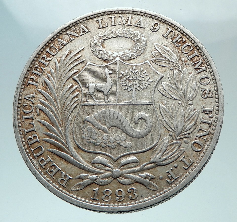 1893 PERU South America 1 SOL Antique BIG Original Silver Peruvian Coin ...