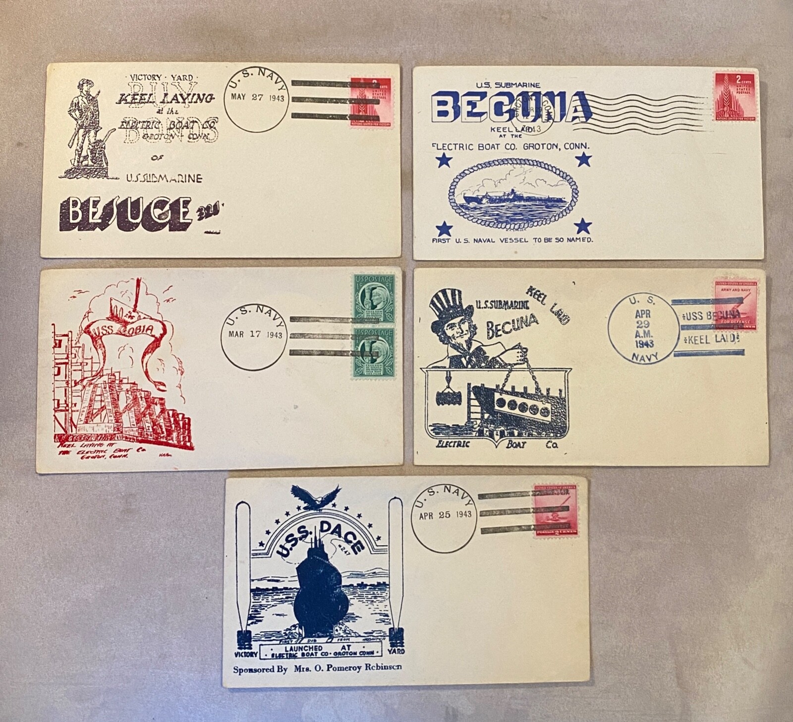 Lot of 5 Naval U.S. Navy Cover Envelopes WWII Electric Boat, Groton, CT ...