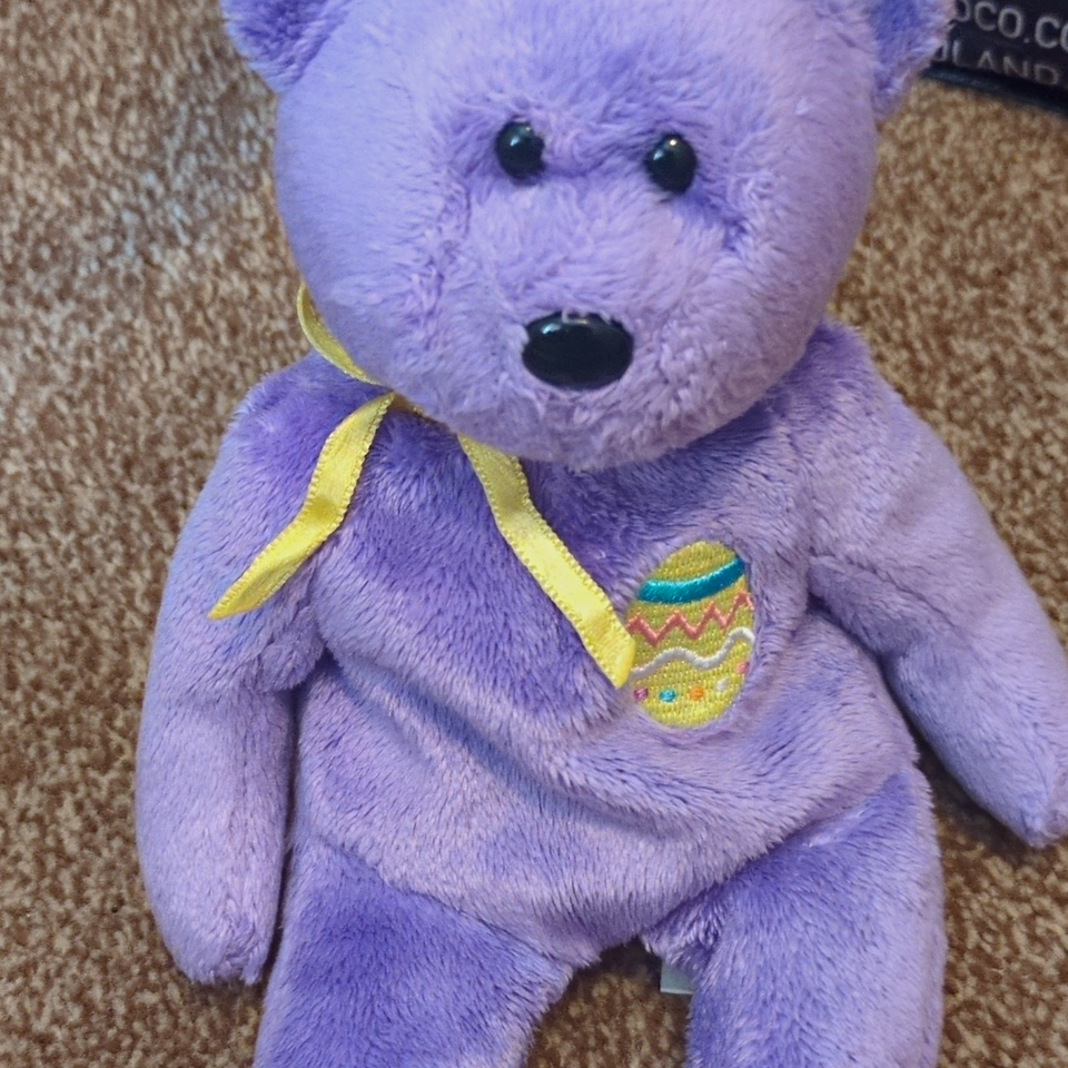 Ty Purple Plush Teddy Bear Soft Toy with Yellow Ribbon, Easter Egg ...