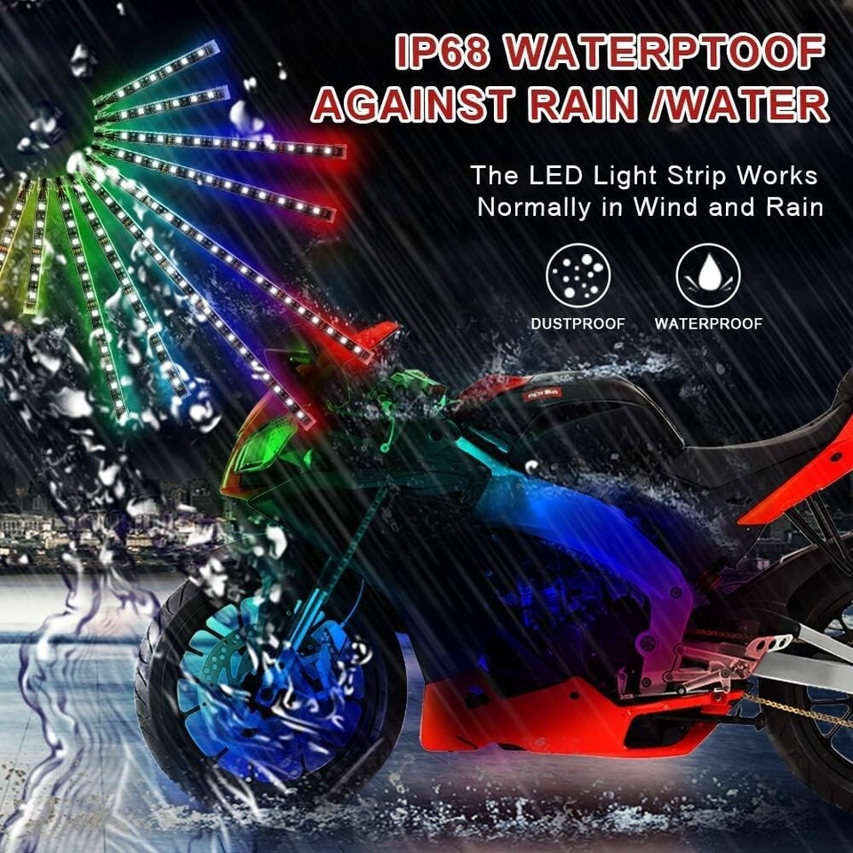 16PCS Motorcycle RGB LED Strip Light Under Glow Neon Kit Bluetooth APP ...