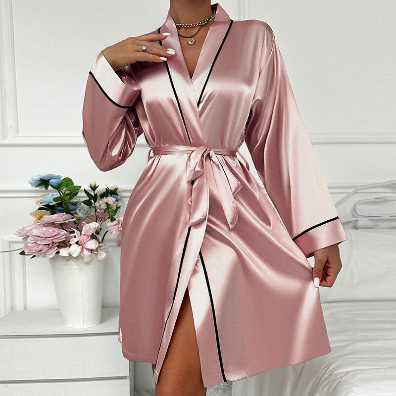 Women's Glossy Long Silk Nightgown Robes Fashion Lace Up Bathrobe ...