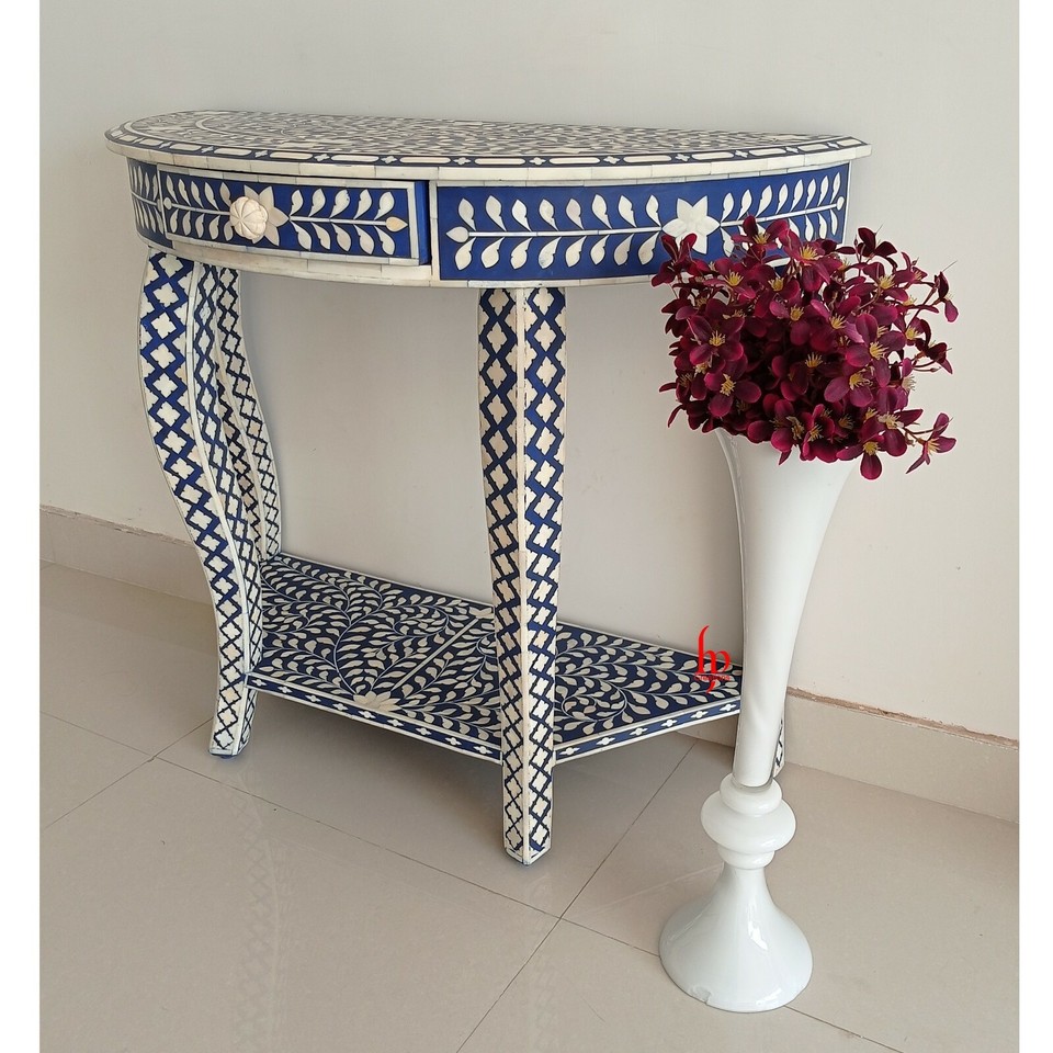 Handmade Bone Inlay Semi Round Floral Pattern Console Table for Home ...