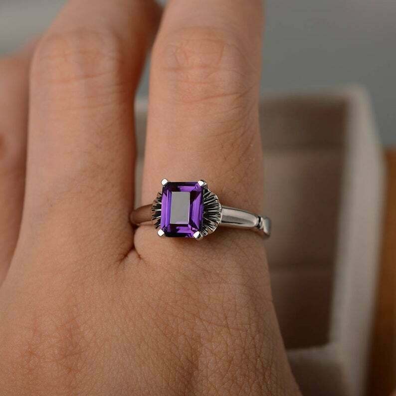 1ct Natural Emerald Purple Amethyst Ring Flower Solitaire 14k White ...