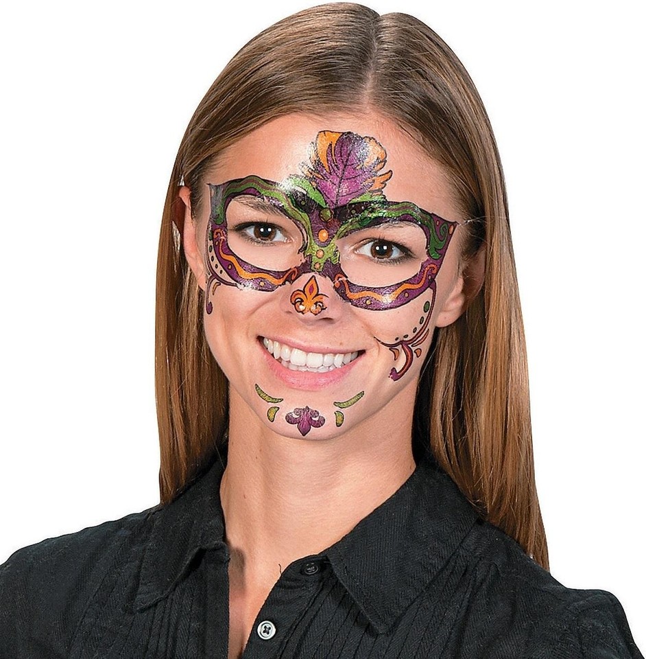 12-PC Mari Gras Colorful Full Face Eye Mask Temporary Tattoos Party ...