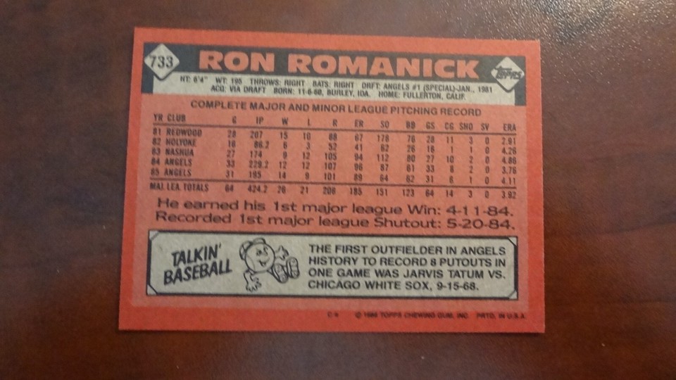 1986 TOPPS #733 RON ROMANICK BASEBAL CARD | eBay