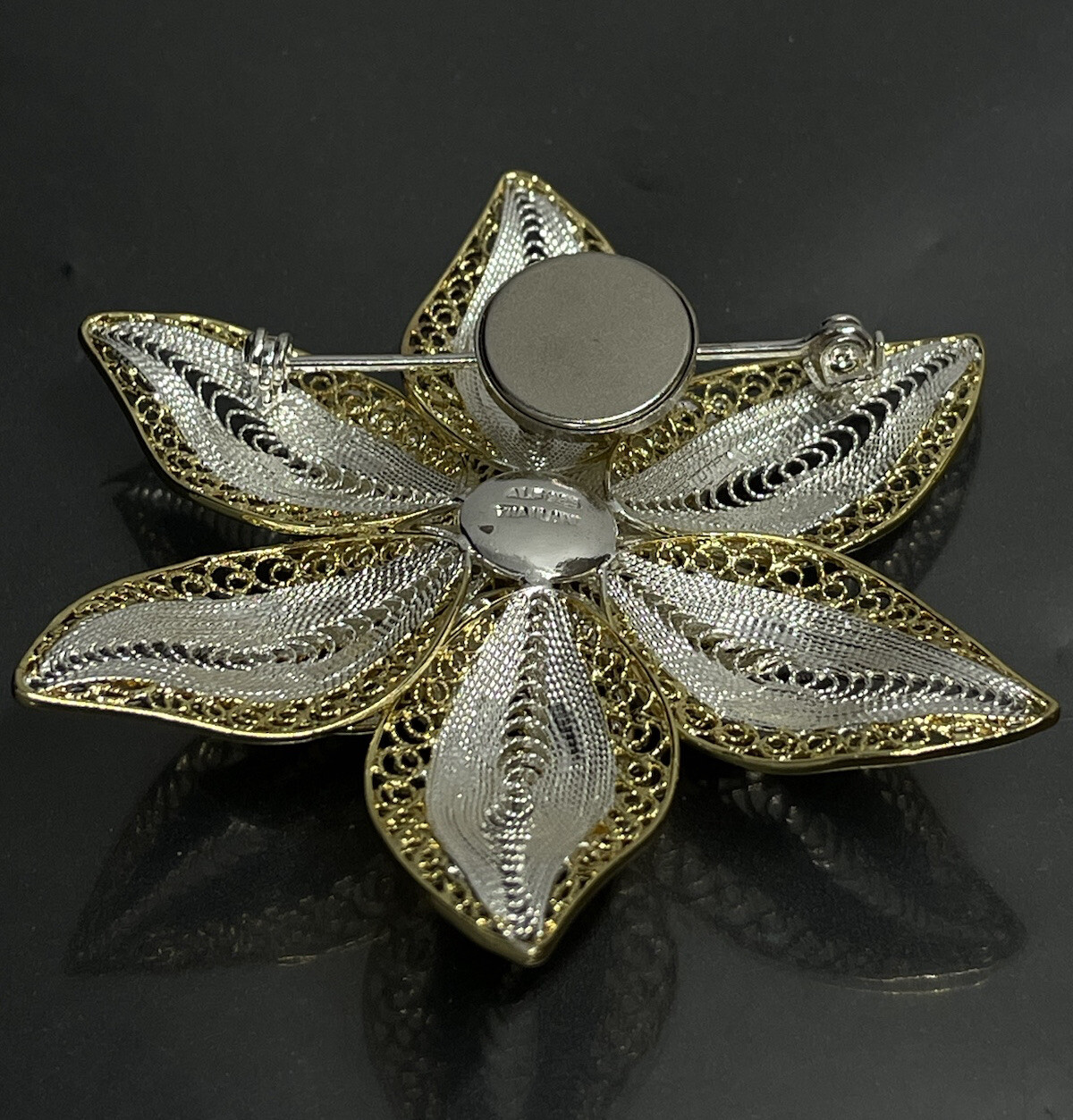 ALF Sterling Silver 925 Gold Plated Two Tone Filigree Flower Brooch Pin ...