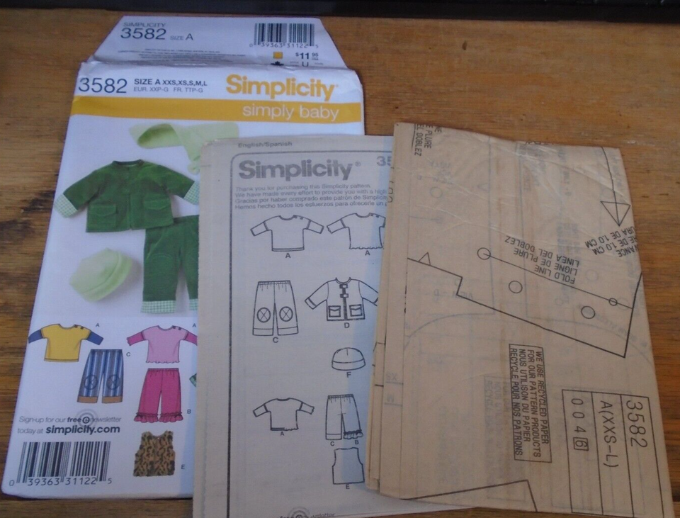 SIMPLICITY 3582 INFANTS PANTS JACKET VEST TOP HAT PATTERN-UNCUT XXS-XS ...
