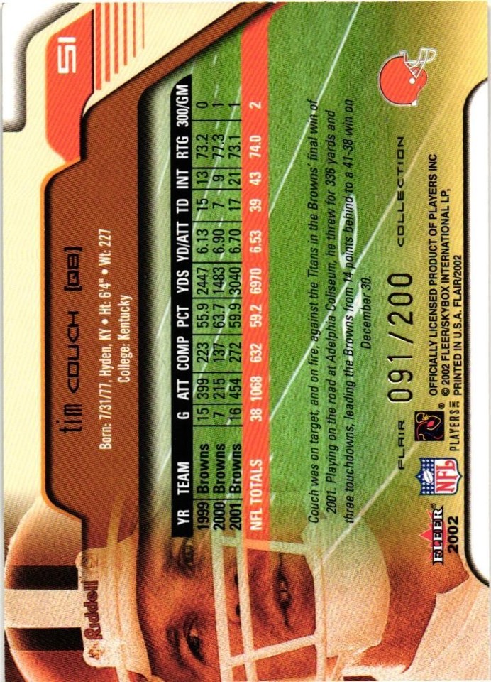 TIM COUCH /200 2002 02 FLAIR COLLECTION #51 PARALLEL BROWNS SP | eBay