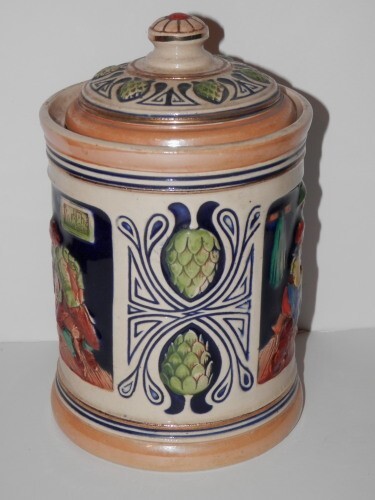 EARLY MARK GERZ POTTERY HUMIDOR WITH TAVERN SCENES AND HOPS IN RELIEF ...