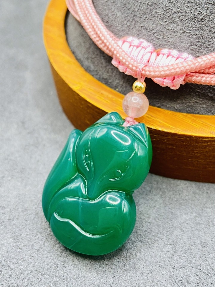 Jade Clever Fox Charm Pendant Necklace W/ Beads Cord Handmade Carved ...