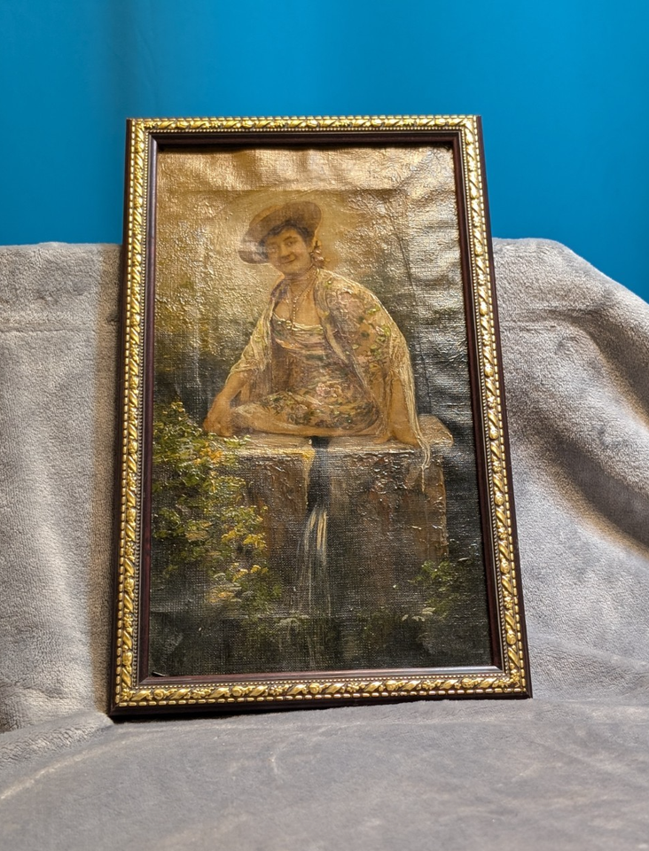 Antique Original Oil Painting of Woman with Cocky Hat and Low Cut ...