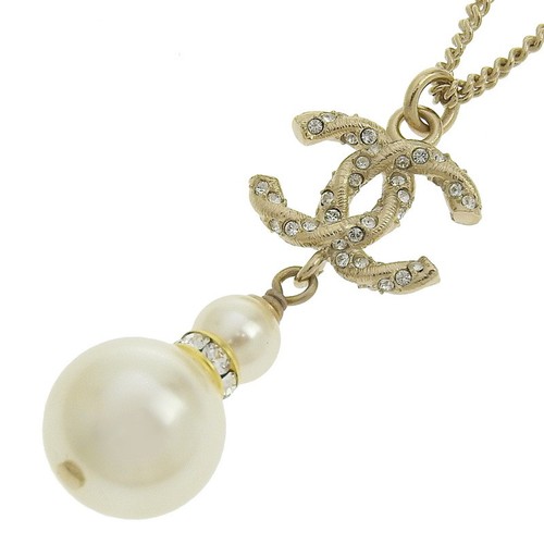 CHANEL Necklace Coco Mark Rhinestone Fake Pearl GP Gold Color B18B Used ...