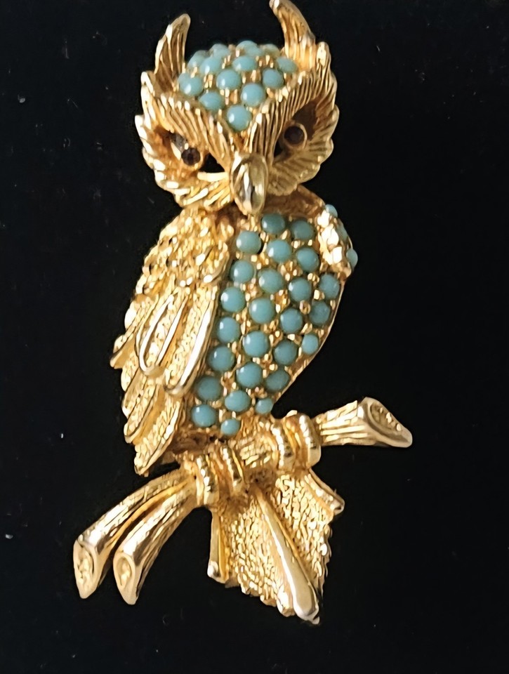 Vintage Owl Brooch Turquoise And Ruby Accents Gold Metal Saftey ...