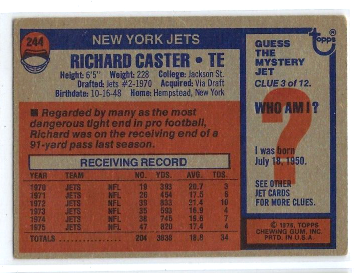 1976 Topps Football #244 - Richard Caster - New York Jets | eBay