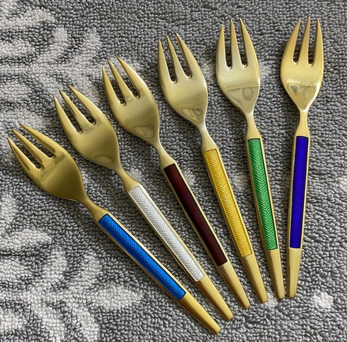 MEKA (Denmark) Gilded & Enameled Stlg Dessert/Cocktail Forks, Set of 6 ...