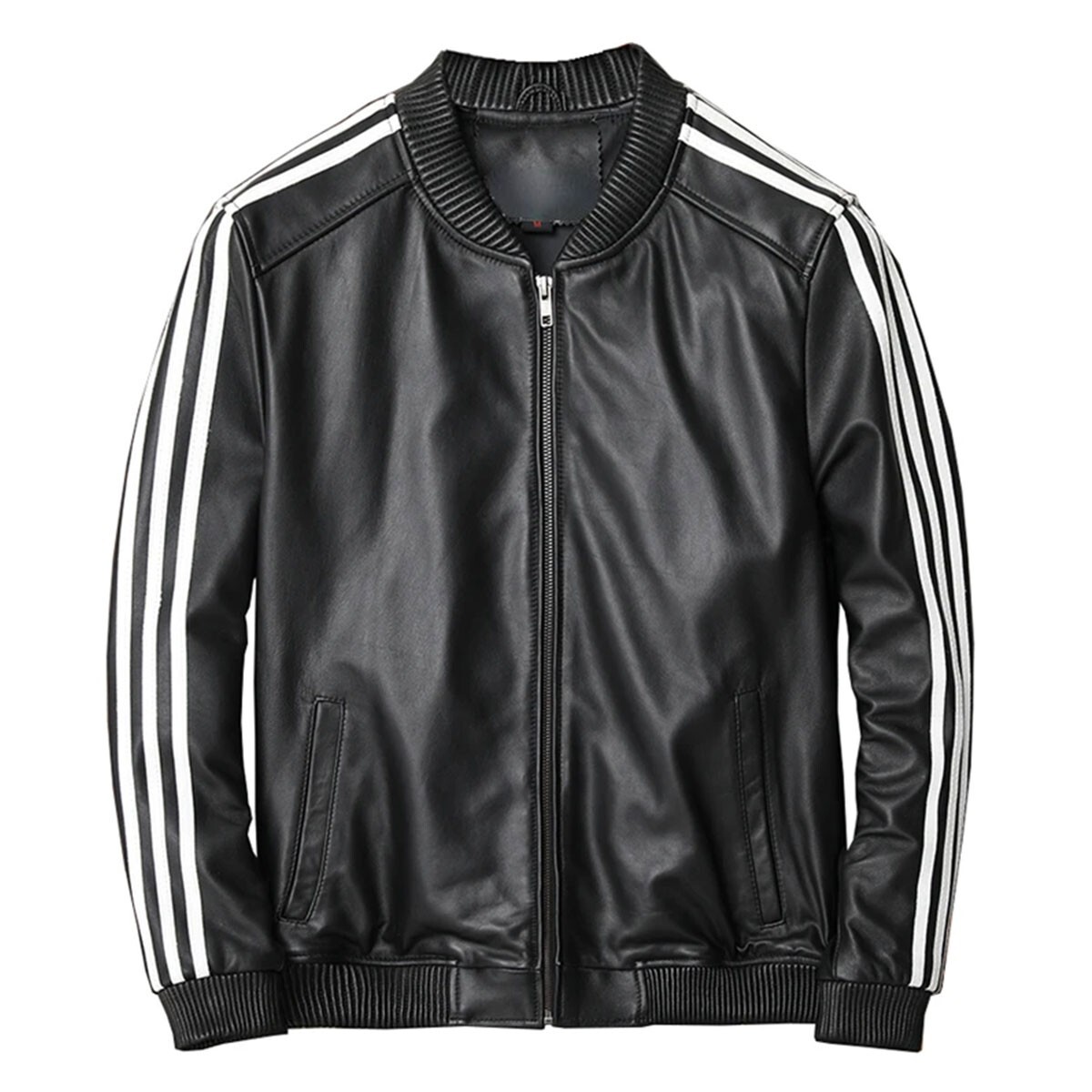 Men's Real Leather Jacket Baseball Jacket Classic White Stripe for ...