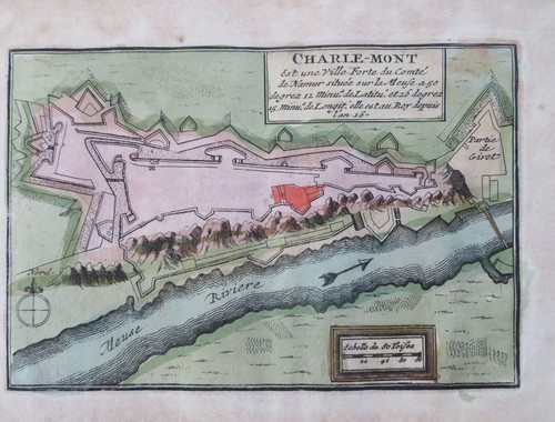 Fort of Charlemont Meuse River France c. 1735 Le Feuille antique map ...