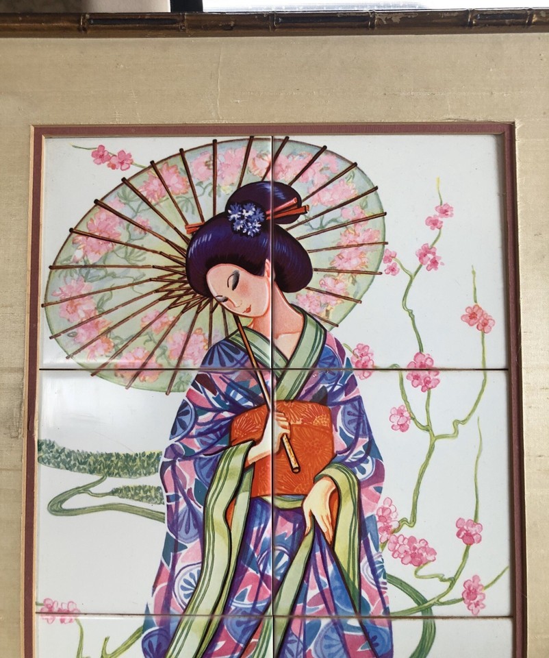 Vtg. Stunning Japanese Geisha Parasol Matted Framed Signed Tile Mural ...
