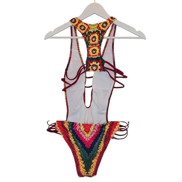 RIVIERA COCO Rainbow Multicolor Swimsuit Large Festival One-Piece Boho ...