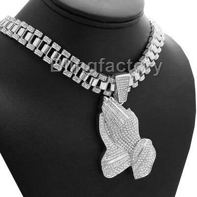 Hip Hop Iced Silver PT Praying Hands & 18" Iced Rollie Choker Chain ...