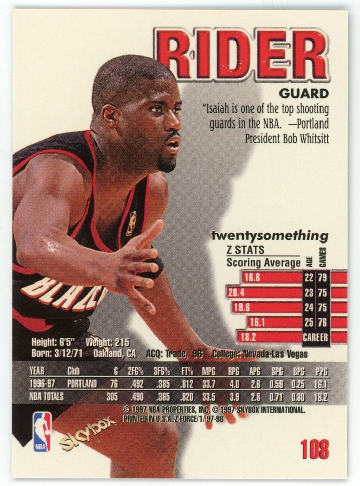 1997-98 Skybox Z-Force Isaiah Rider Card #108 | eBay